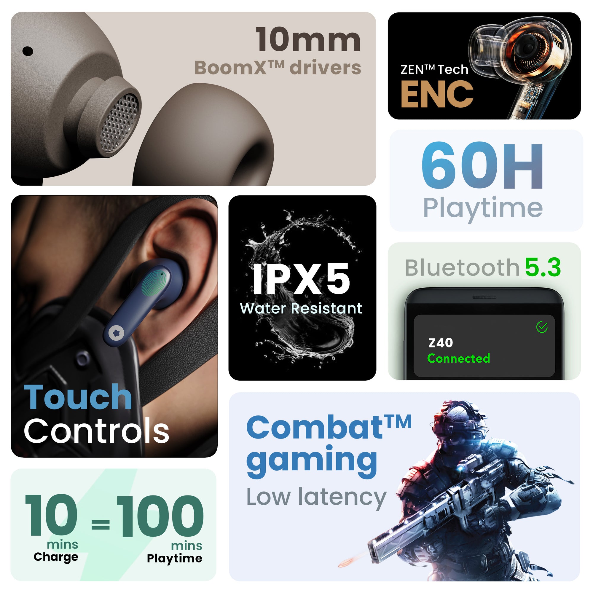 Shop GoBoult Z40 Earbuds | 60H Playtime, ENC Mic & Type-C Fast Charging